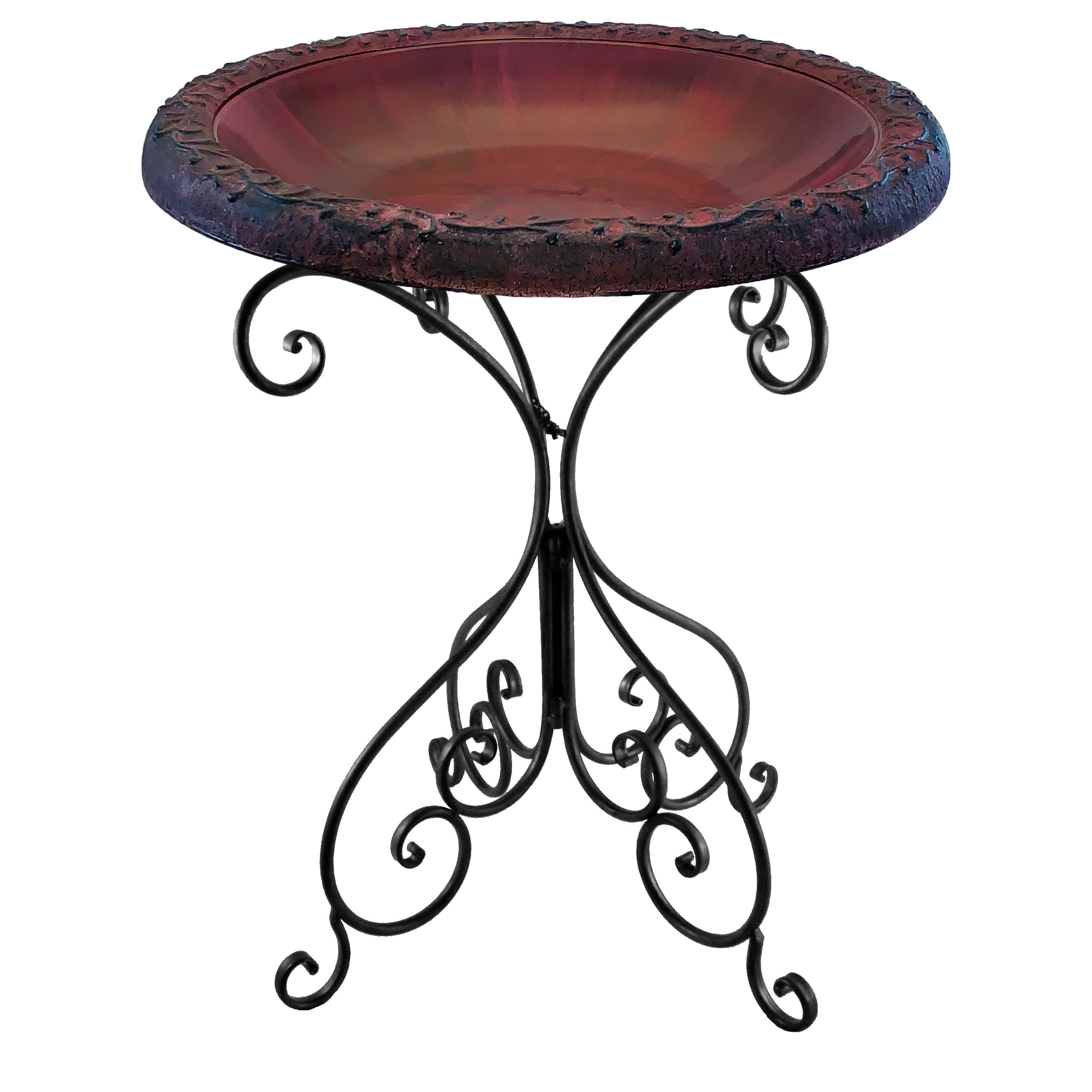 Fleur De Lis Living BIRDS and beyond Red/Charcoal Fiber Clay Birdbath Bowl on 25"H Black Metal ...